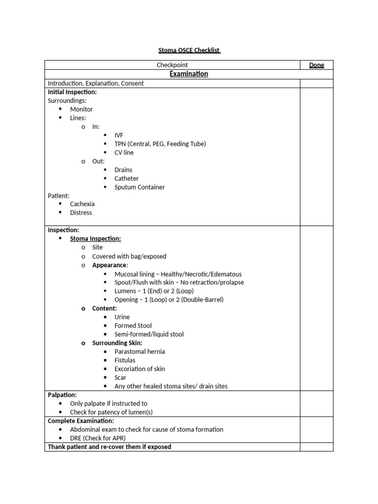 Stoma OSCE Checklist | PDF | Gastroenterology | Medical Specialties