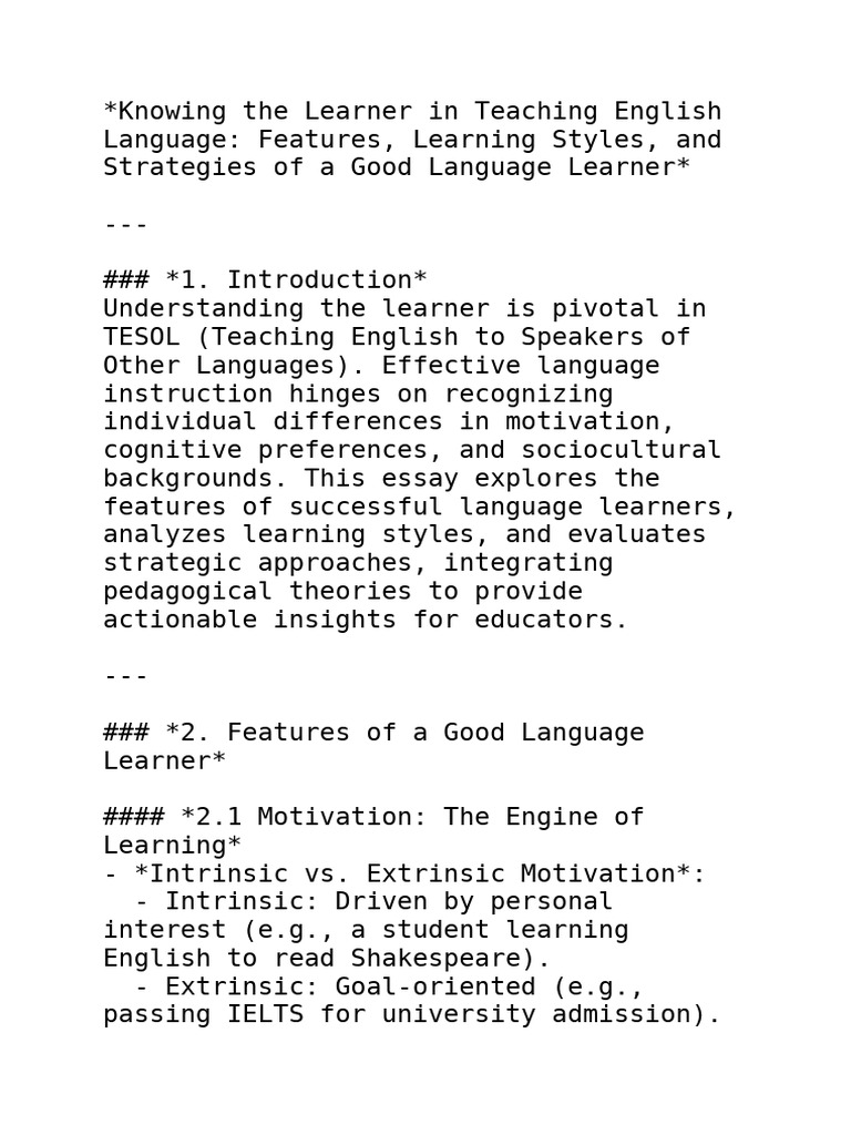 Knowing The Learner in Teaching English Language | PDF | Learning ...