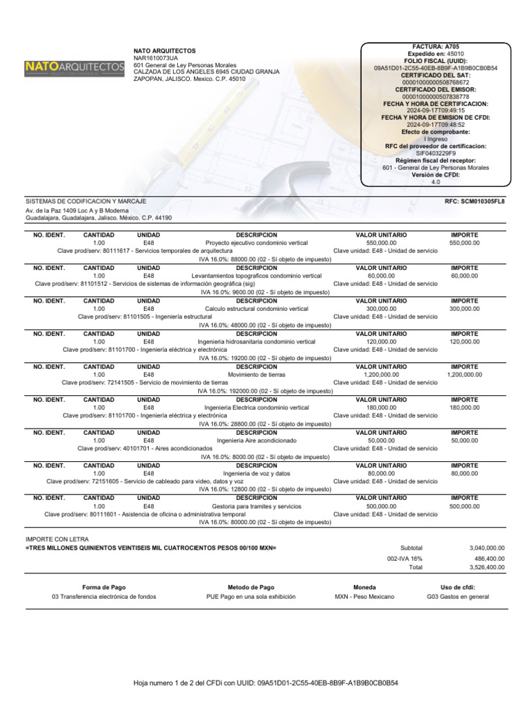 Hoja Numero 1 de 2 Del Cfdi Con Uuid | PDF