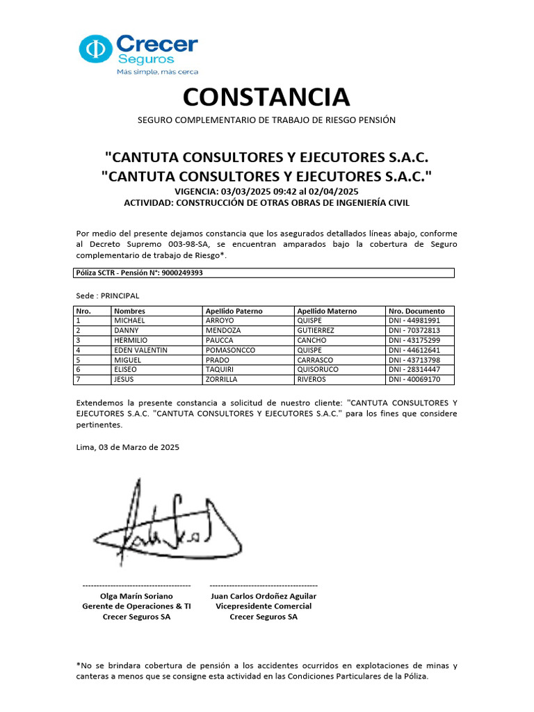 Constancia SCTR Pension Marzo 2025 | PDF