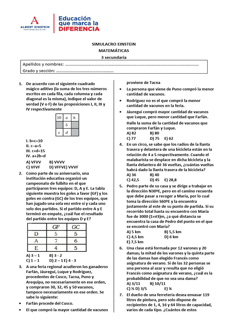 SIMULACROS EINSTEIN - MATEMÁTICAS 3s | PDF | Geometría Elemental