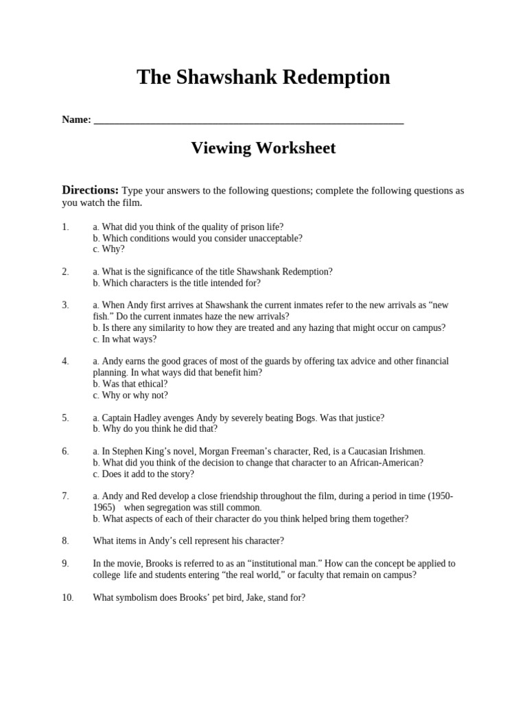 The Shawshank Redemption Video Worksheet | PDF