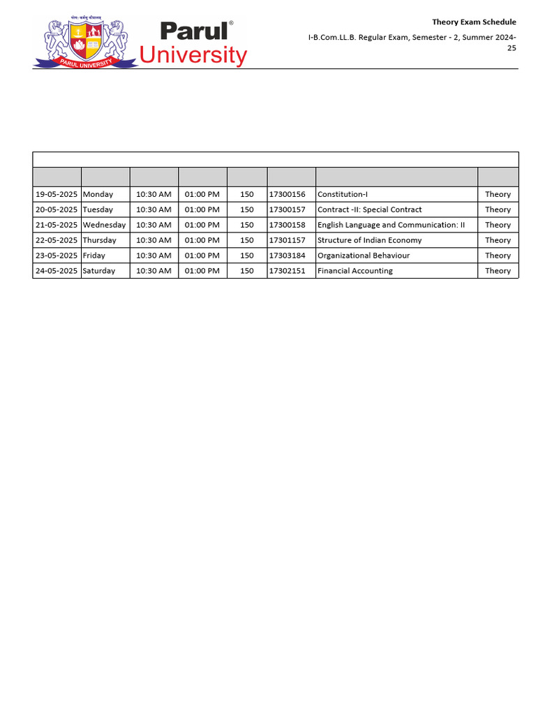 B.Com.LL.B. Semester 2 Exam Schedule | PDF