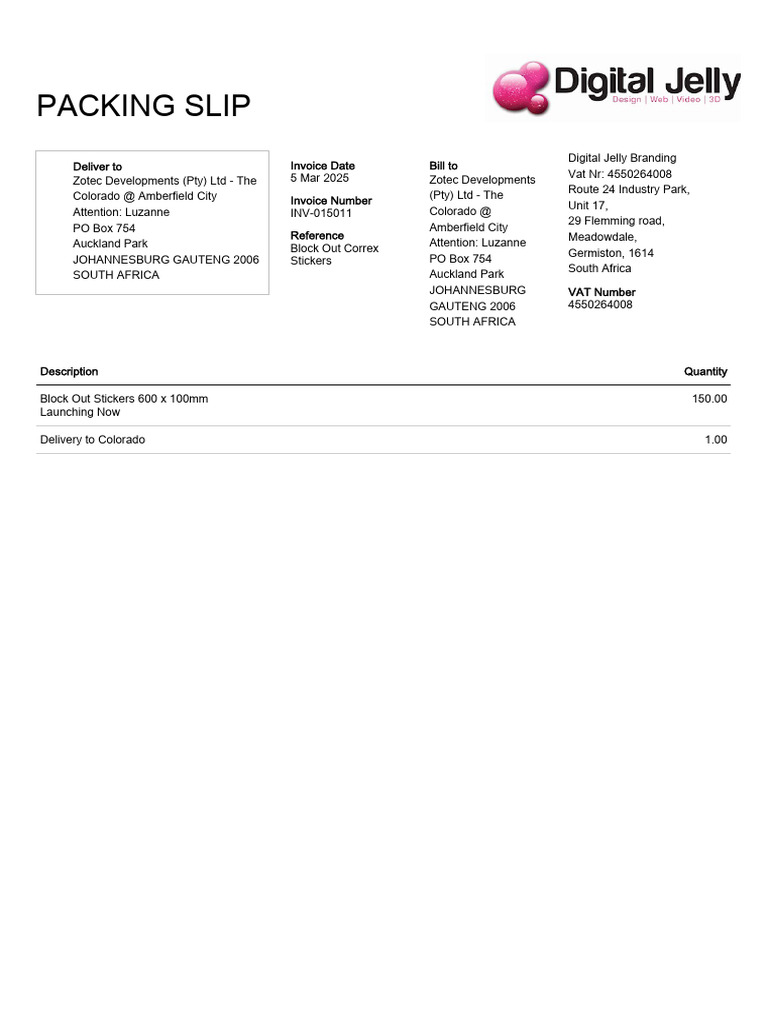 Invoice Packing Slip INV-015011 | PDF