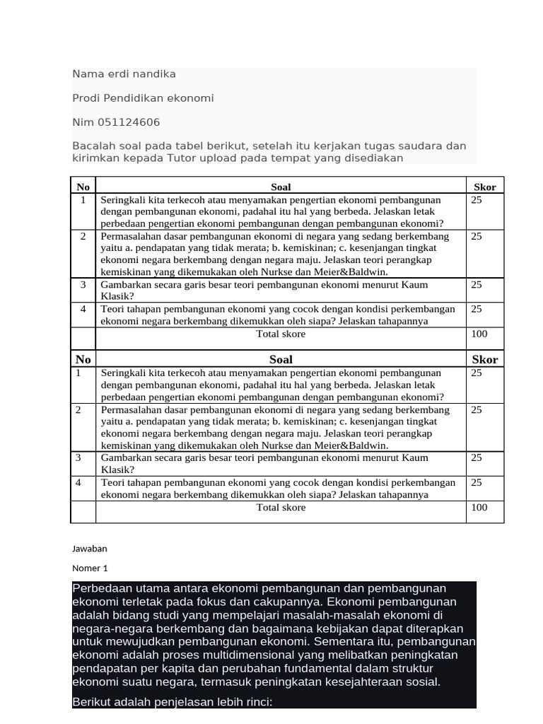 Tugas 1 Matkul Ekonomi Pembangunan 1 Nama Erdi Nandika Nim 051124606 Prodi Pendidikan Ekonomi | PDF