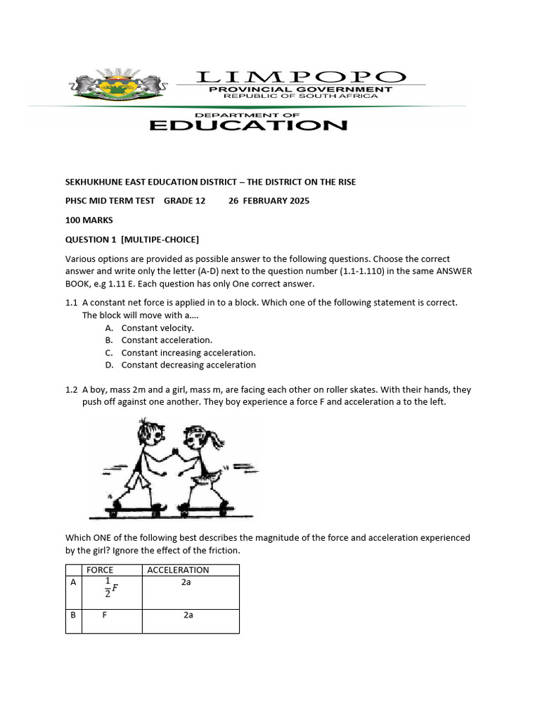 PHSC Mid Term Test Grade 12 February 2025 | PDF | Force | Momentum