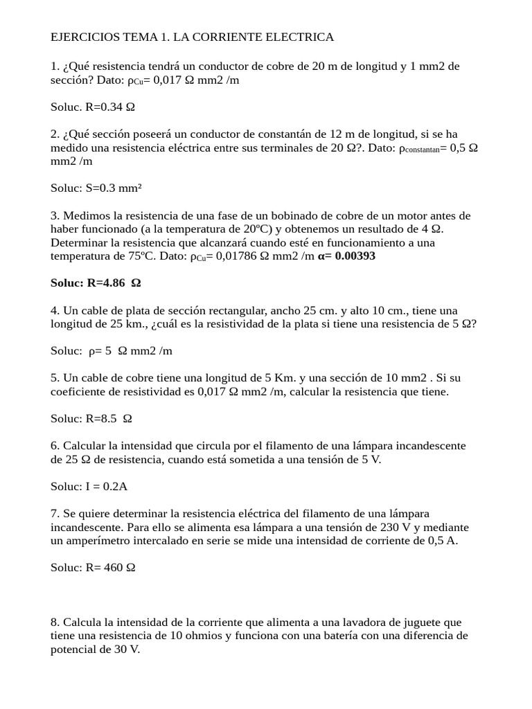 EJERCICIOS TEMA 1.odt | PDF | Resistencia Eléctrica y Conductancia | Corriente eléctrica
