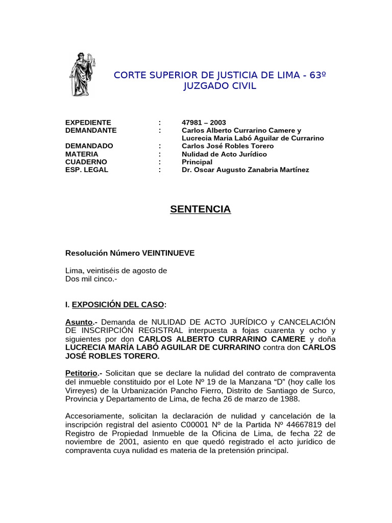 Sentencia 47981-03 Nulidad Acto Jur.-Faltamanifvol. Currarino | PDF | Lima | Justicia