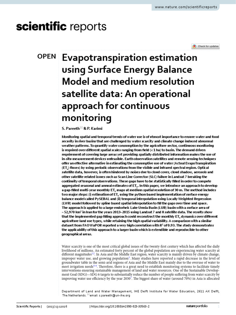 Evapotranspiration Estimation Using Surface Energy Balance Model Sajid Pareeth And Karimi 1