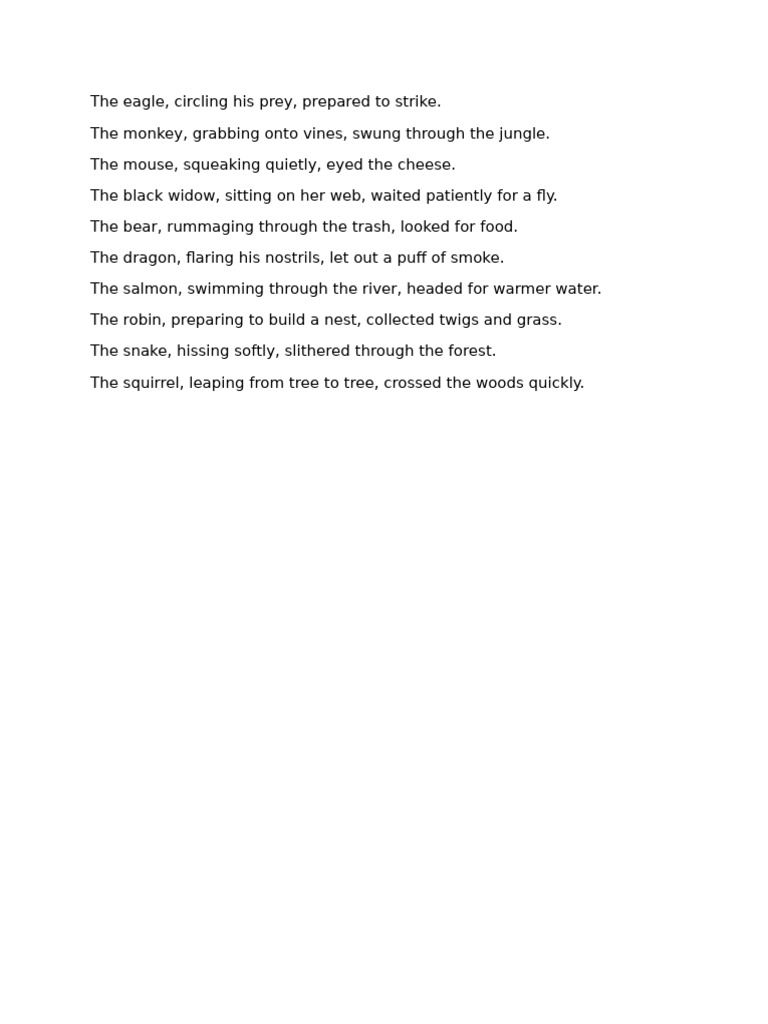 Participial Phrases in The Middle (-Ing) - Animals | PDF