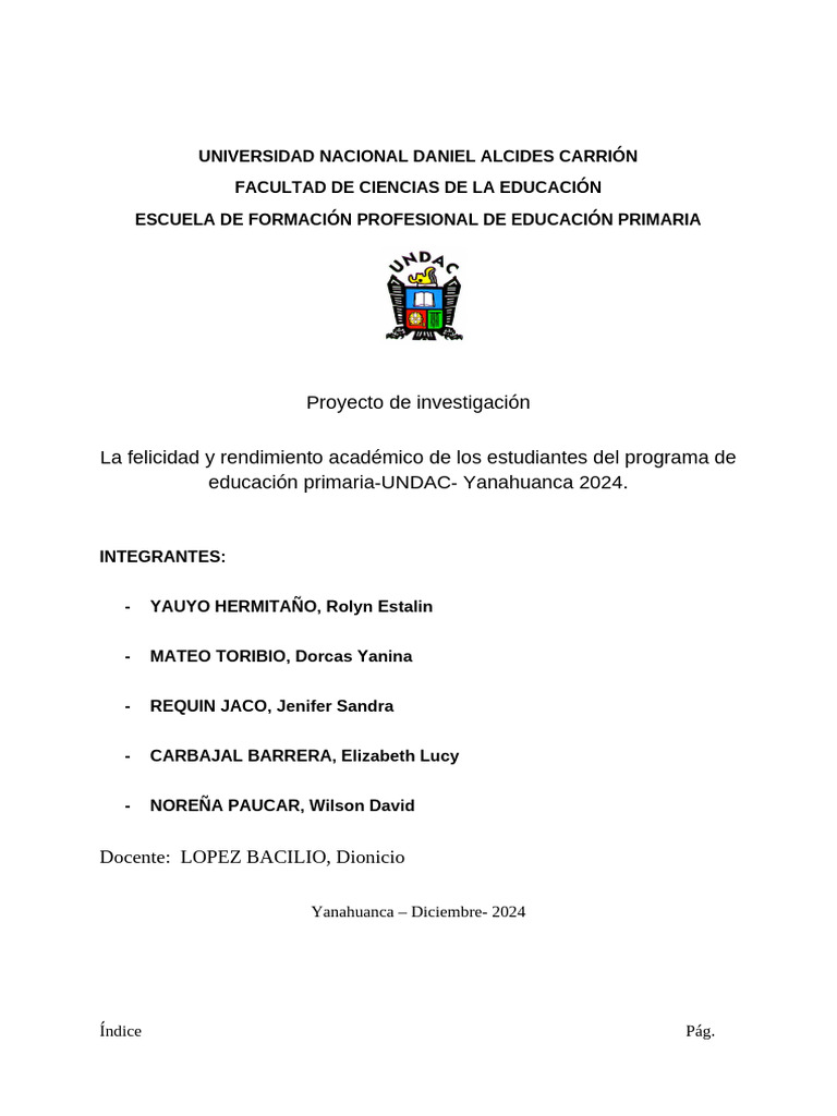 2 Proyecto Felicidad y Rendimiento Acade UNDAC Primaria Yanahuanca 1 ...