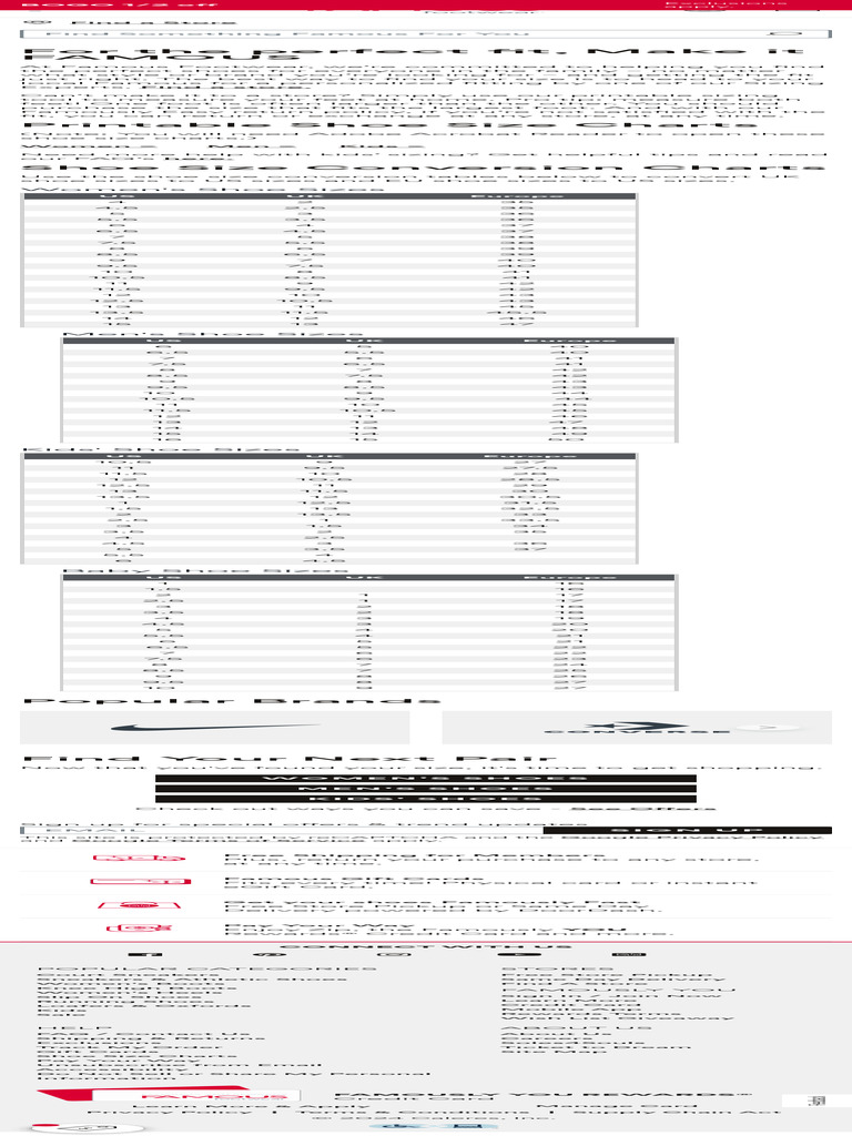 Shoe Size Conversion Charts US, UK, & EU, Famous Footwear | PDF ...
