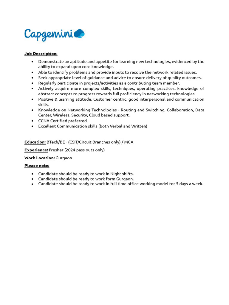 Networking Job Description for Freshers | PDF
