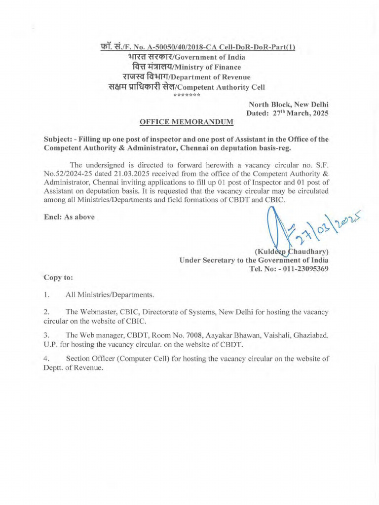 Inspector & Assistant Posts in Chennai | PDF