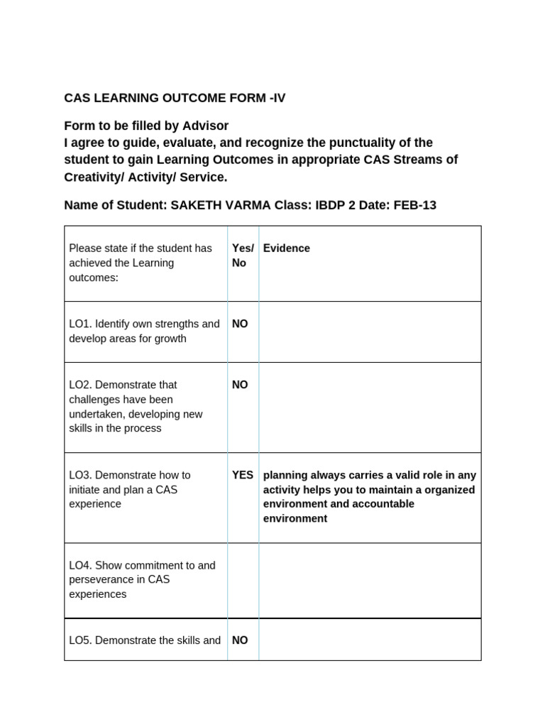 CAS Learning Outcome Evaluation Form | PDF