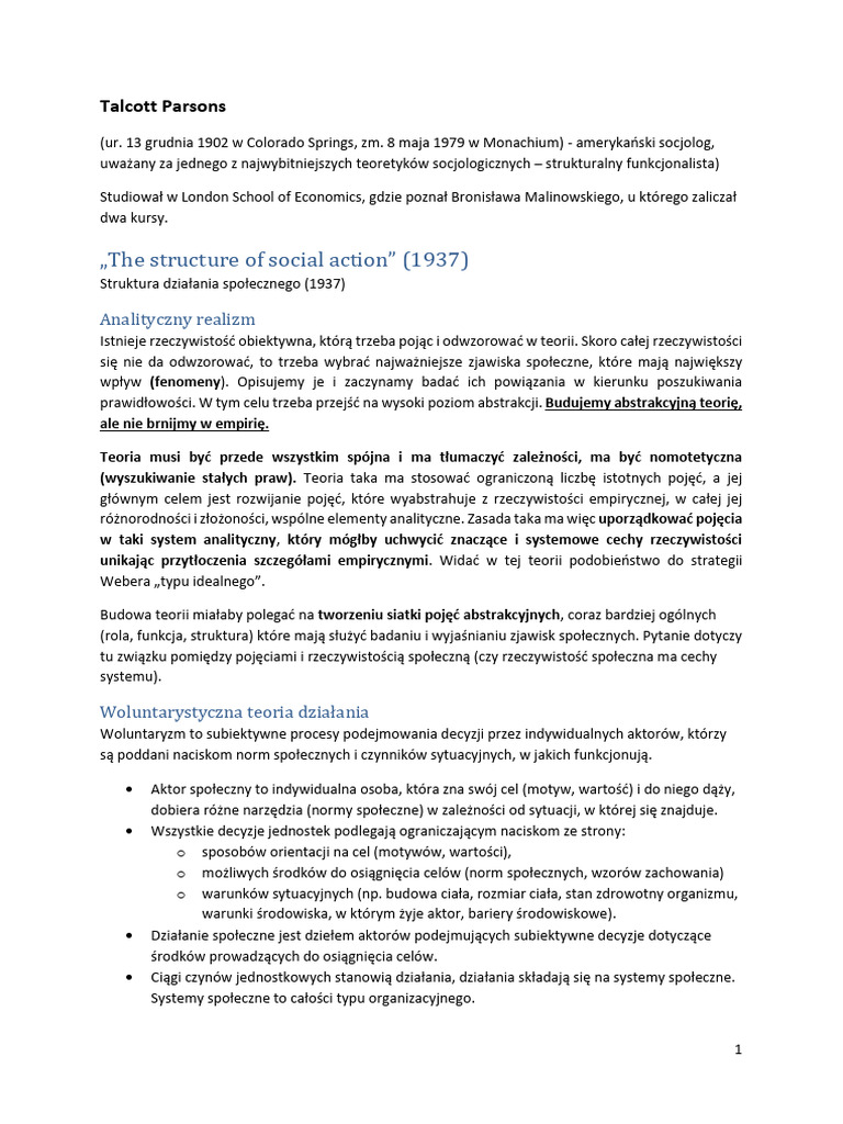 Funkcjonalizm Talcott Parsons | PDF