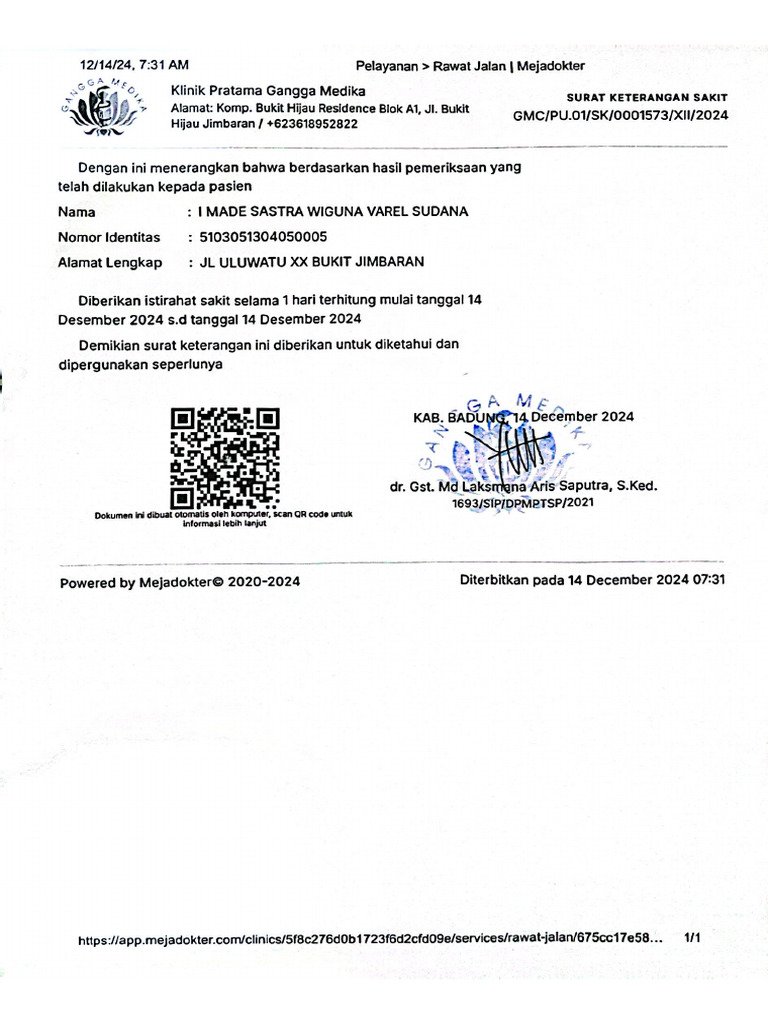 Surat Sakit - I Mase Sastra Wiguna Varel S | PDF