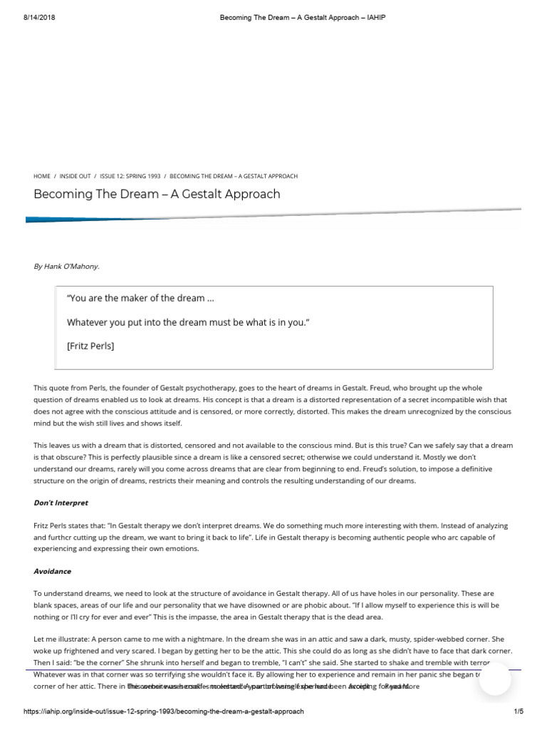 Becoming The Dream – A Gestalt Approach – IAHIP | PDF | Gestalt Therapy ...