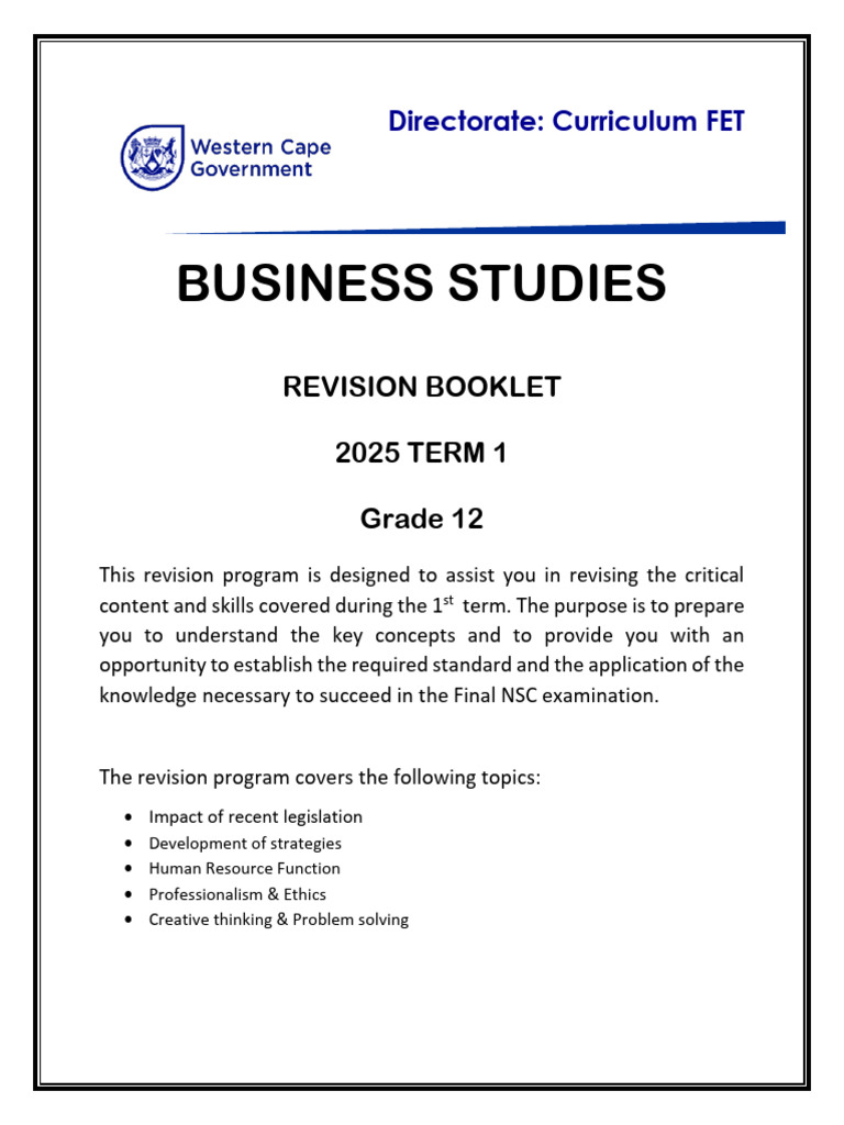 2025 Term 1 GR 12 BSTD Revision Booklet - Final | PDF | Business Ethics | Employment