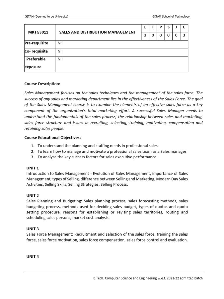MKTG3011-Sales and Distribution Management | PDF | Sales | Business