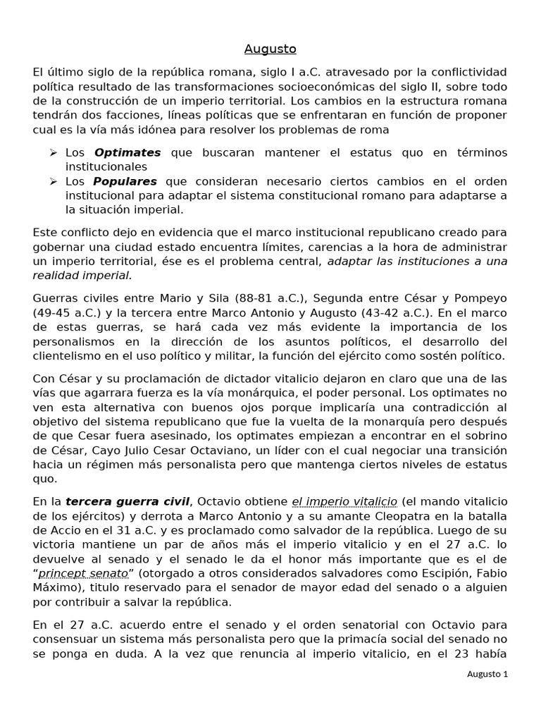 Resumen Augusto | PDF | Augusto | Republica Romana