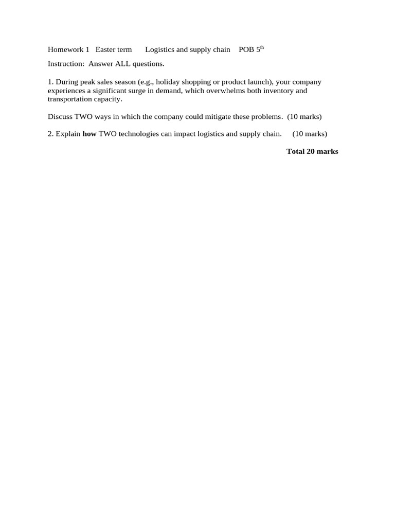 Homework 1 Easter Term Logistics and Supply Chain POB 5th | PDF
