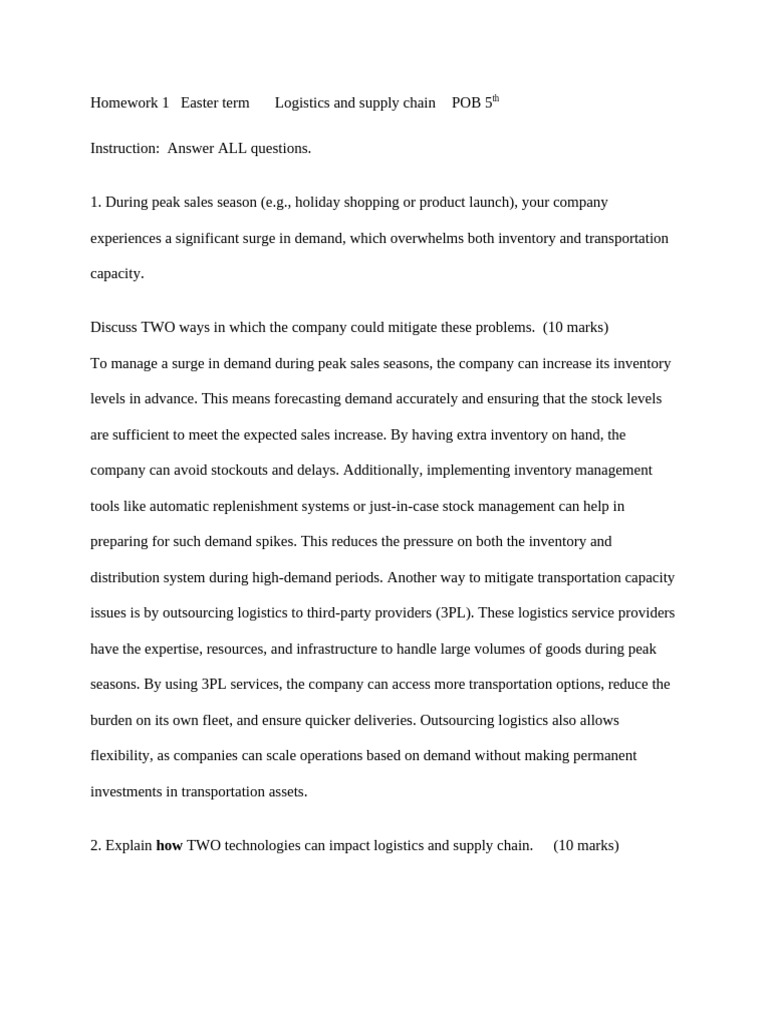 Homework 1 Easter Term Logistics and Supply Chain POB 5th-2 | PDF ...