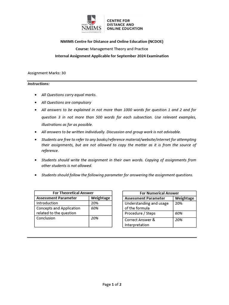 Management - Theory - and - Practice - QP - PG - SEPT - 2024 Assignment Questions | PDF