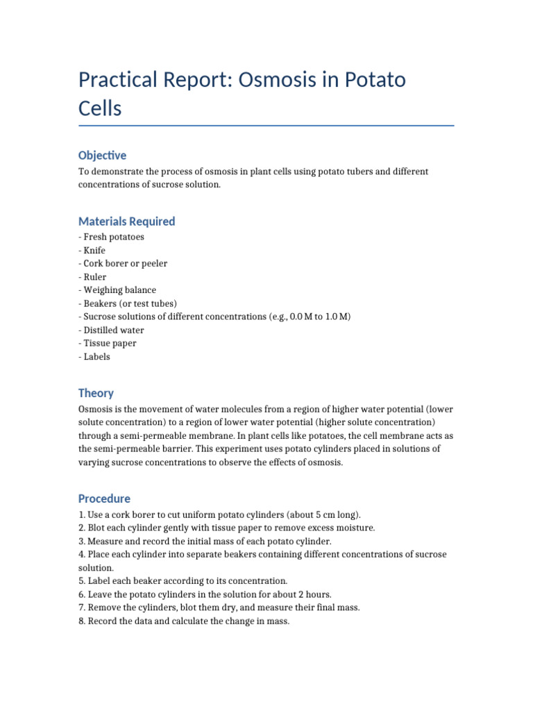 Osmosis Potato Experiment Report | PDF | Osmosis | Biology