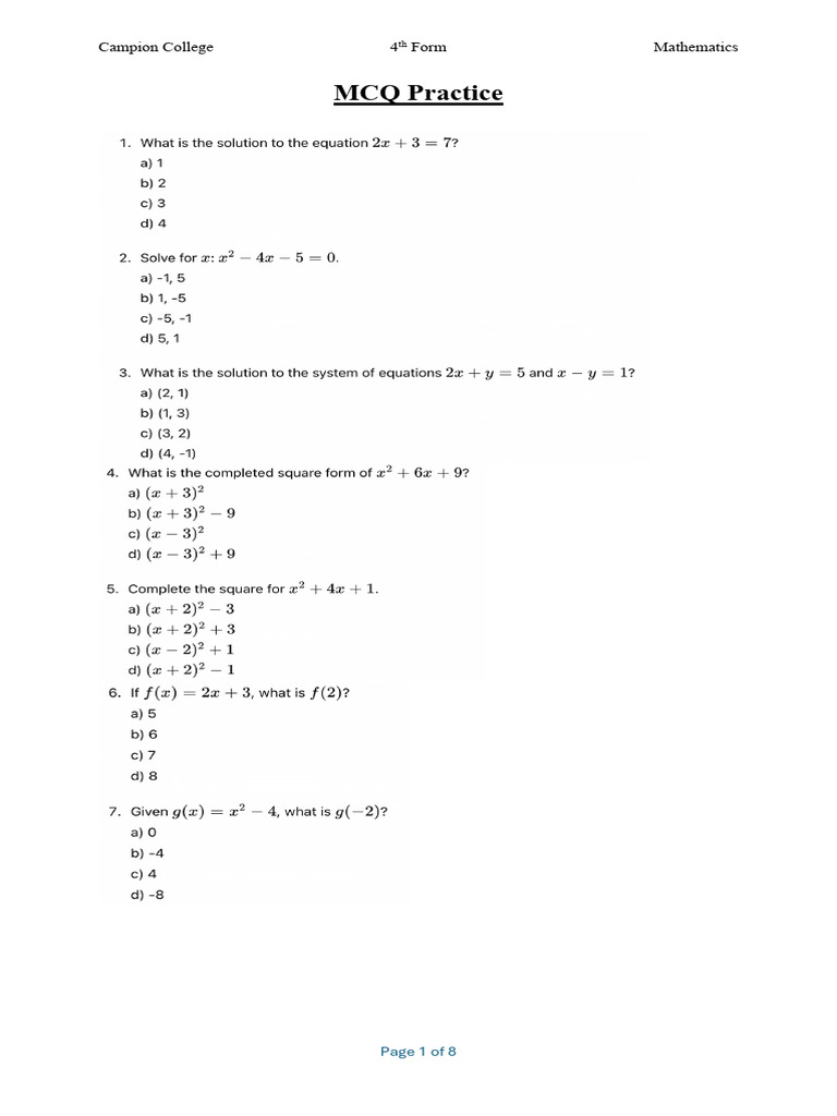 4th Form MCQ Practice | PDF