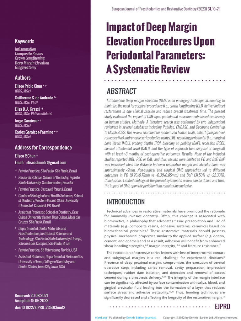 Impact of Deep Margin Elevation Procedures Upon Periodontal Parameters ...