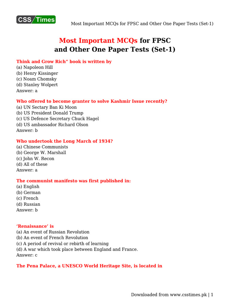 Most Important MCQs For FPSC and Other One Paper Tests (Set-1) | PDF ...