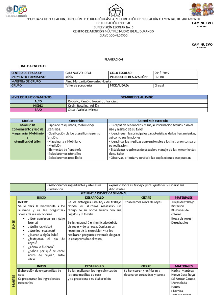 Planeación Taller de Panadería 2018-2019 | PDF