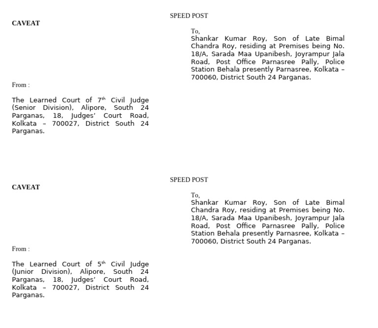 SPEED POST - Envelop - Caveat - Ramesh Kumar Roy - Aprtil - 2025 | PDF