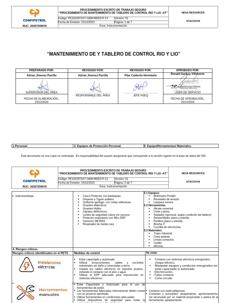Pe102287zat-O&m-Mdd3-P-13 Mantenimiento de Tablero de Control Rio y Lio - Rev 1 | PDF | ruido ...