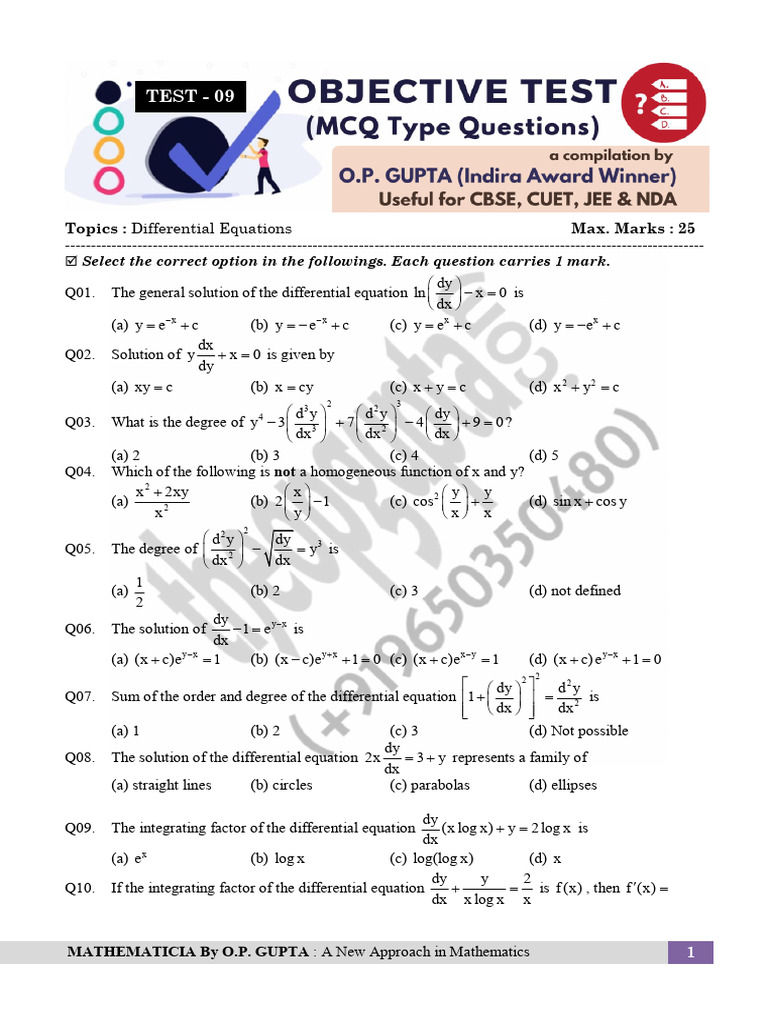 9 MCQ - Differential Equations | PDF | Elementary Mathematics | Mathematical Concepts