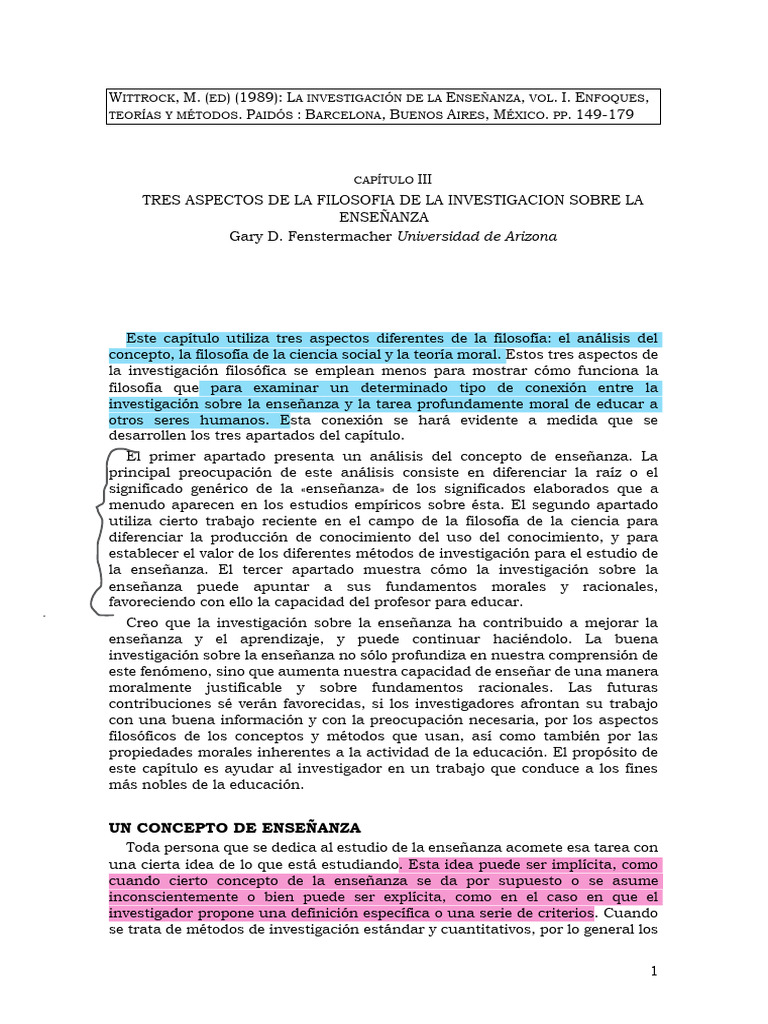 Fenstermacher en Wittrock - Tres Aspectos de La Filosofia de La Investigacion Sobre La Ense-Anza ...