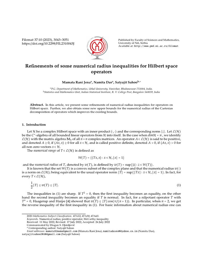Refinements of some numerical radius inequalities for Hilbert space | PDF | Hilbert Space | Algebra