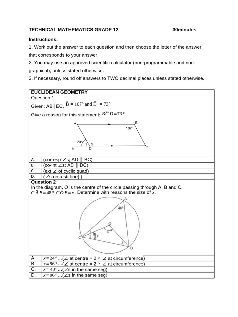 Pre Post Test Qu and Solutionstech Maths Grade 12 | PDF | Circle | Angle