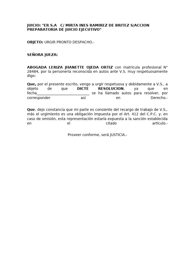 Urgir Pronto Despacho Mirta Ines Ramirez | PDF