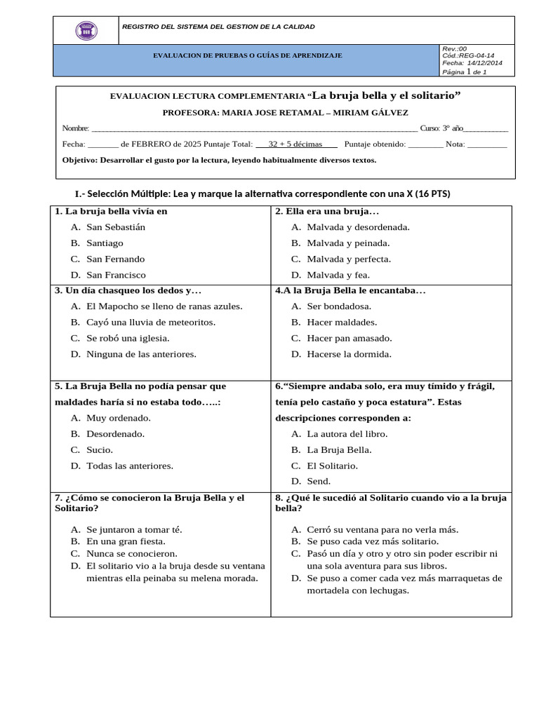 Evaluacion Plan Lector Tercero Basico | PDF