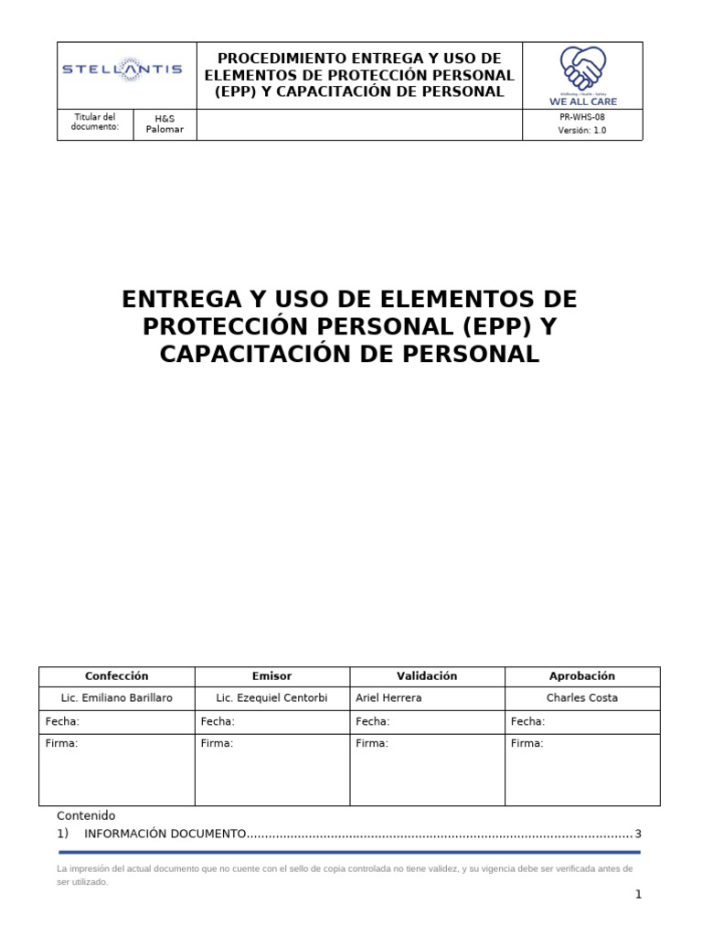 Pr-whs-08 - Procedimiento Entrega y Uso de Elementos de Protección Personal (Epp) y Capacitación ...