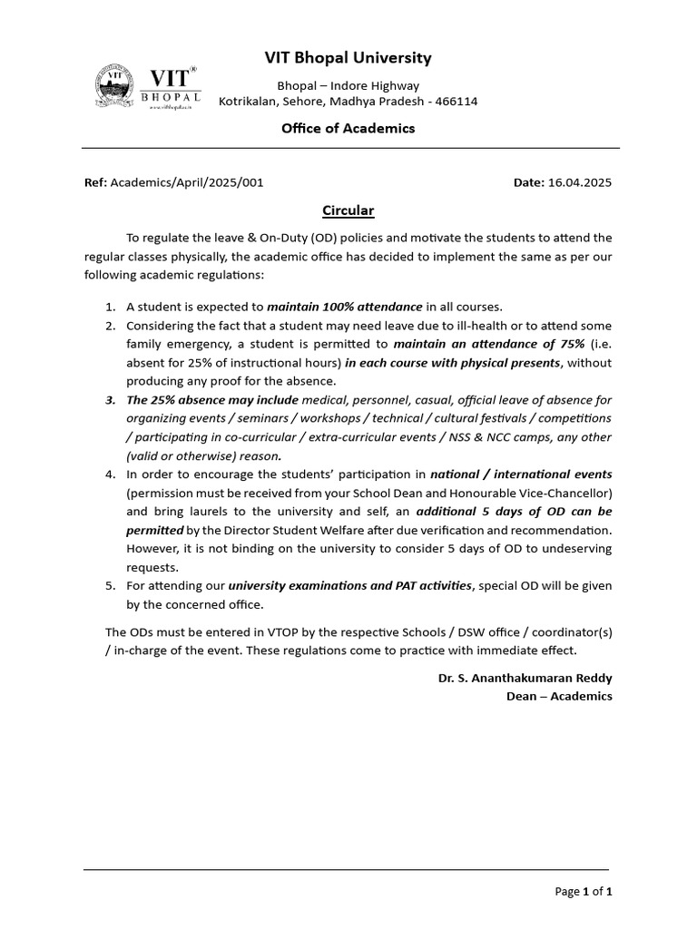 Leave and OD Policies For Students - Academic Regulation | PDF
