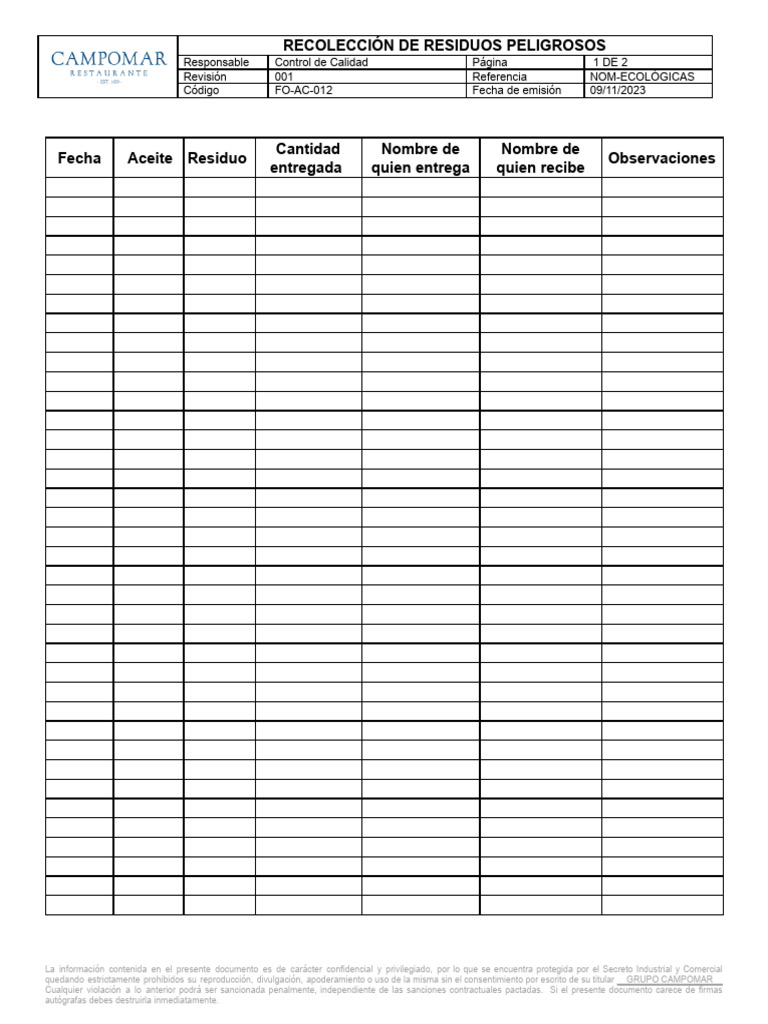 FO-AC-012 Recoleccion de Residuos Peligrosos | PDF