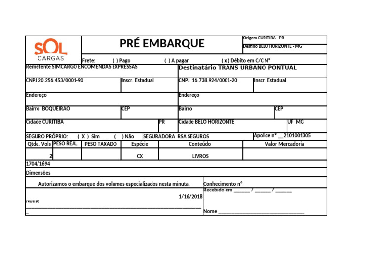 Minuta de Embarque BHZ | PDF