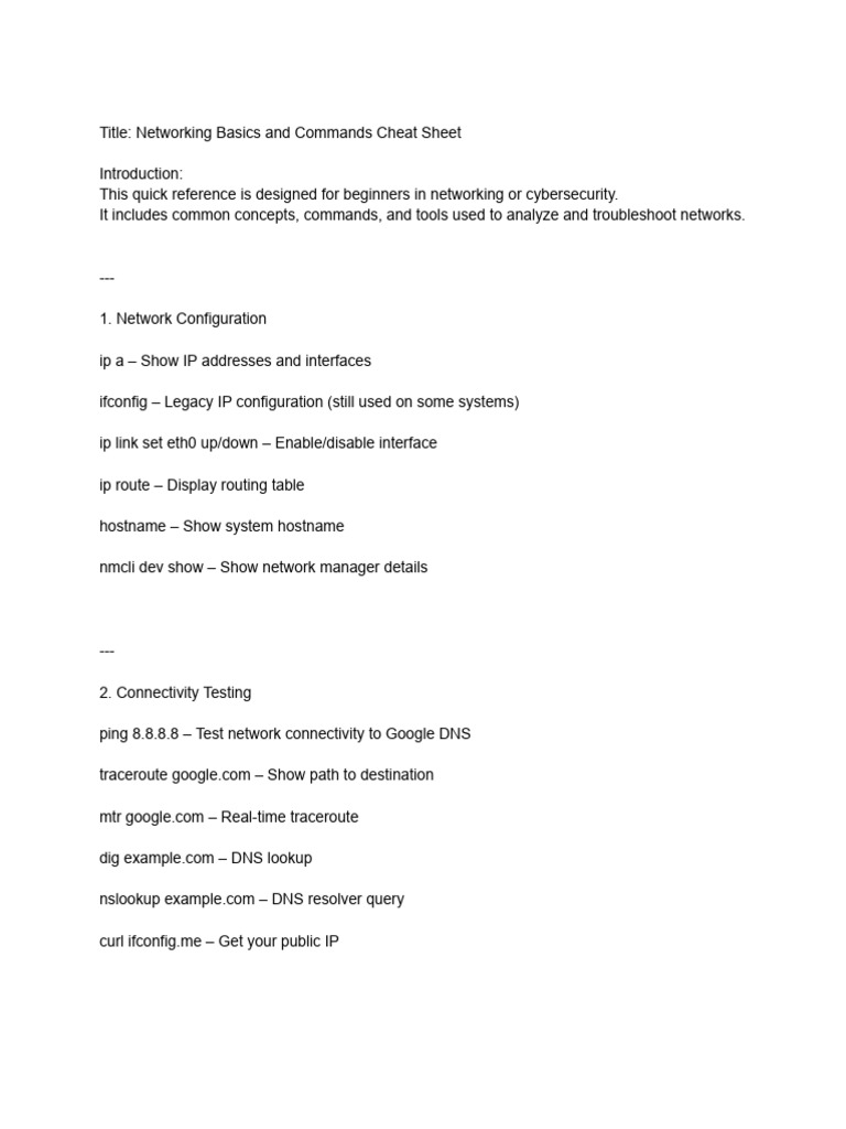 Networking Commands Cheat Sheet | PDF