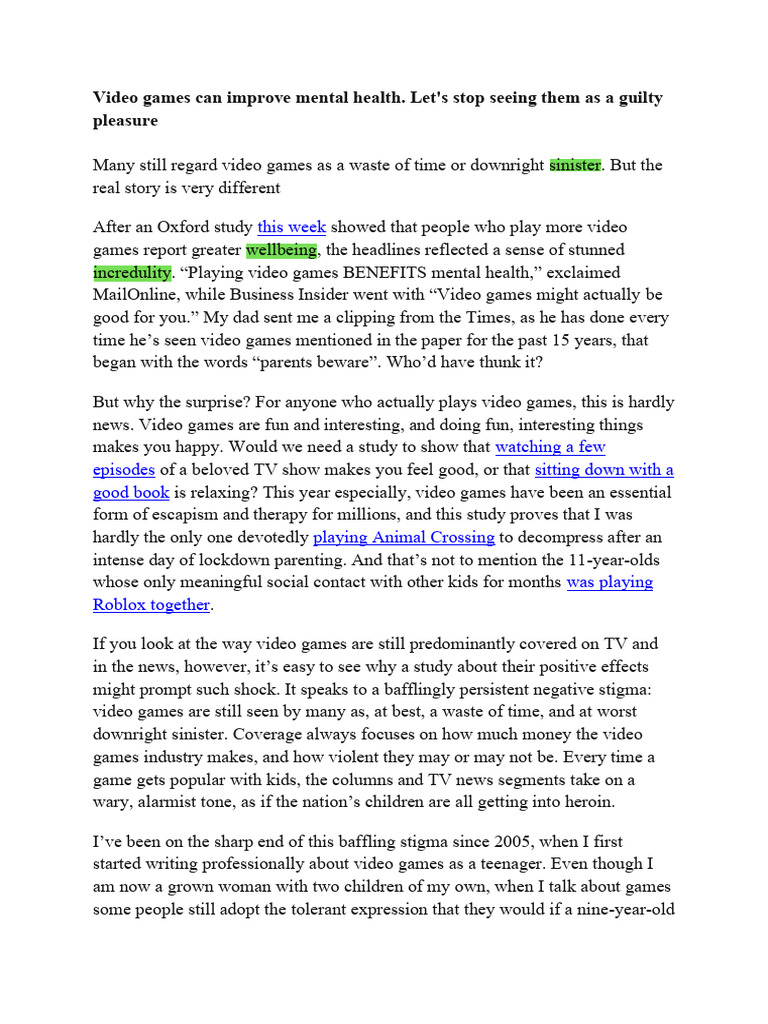 Video Games Can Improve Mental Health | PDF | Mental Health | Psychology