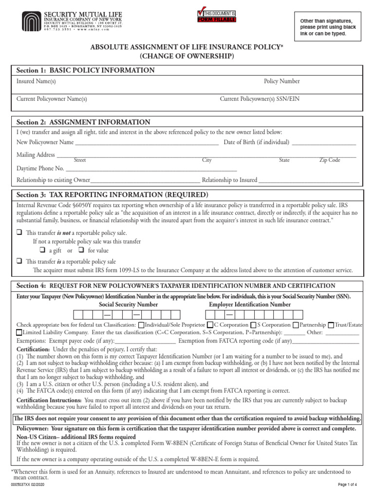 Life Insurance Policy Assignment Form | PDF | Social Security Number ...