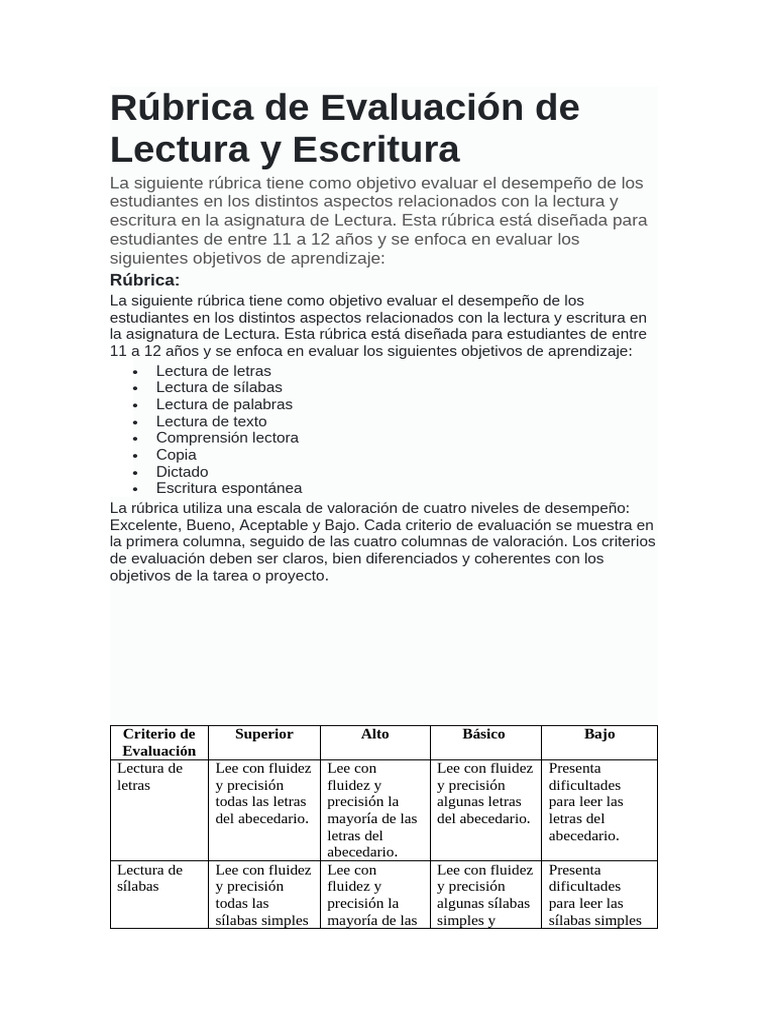 Rúbrica de Evaluación en Lectura y Escritura | PDF | Rúbrica (Académica ...