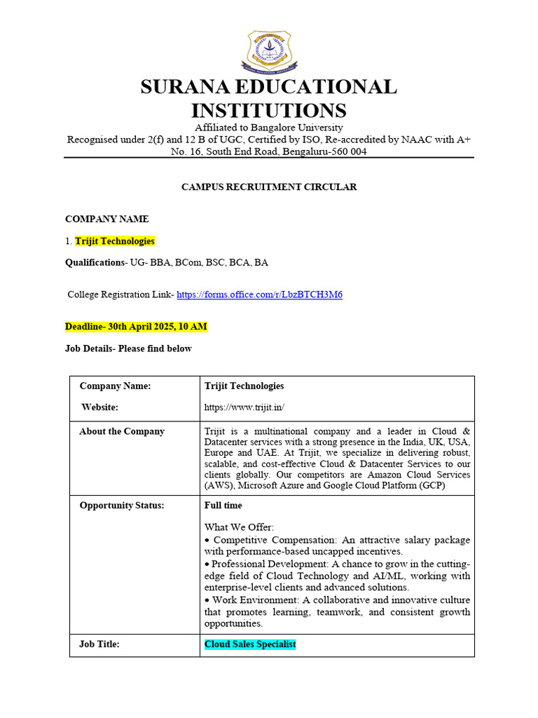 Trijit Techbologies- UG Campus Recruitment Circular | PDF | Cloud ...